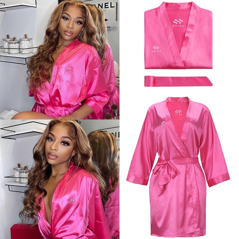 UNice Exclusive Pink Silk Robe Intimate Lingerie Nightgown Sexy Nightwear