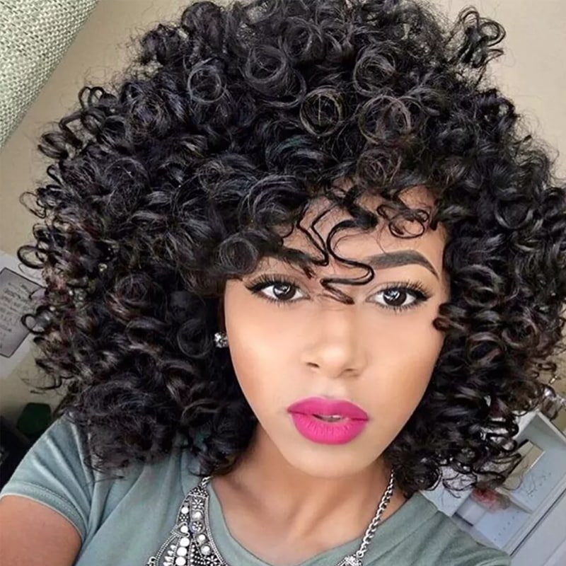 UNice Short Black Afro Curly Wigs with Bangs Human Hair for Women 12 inch