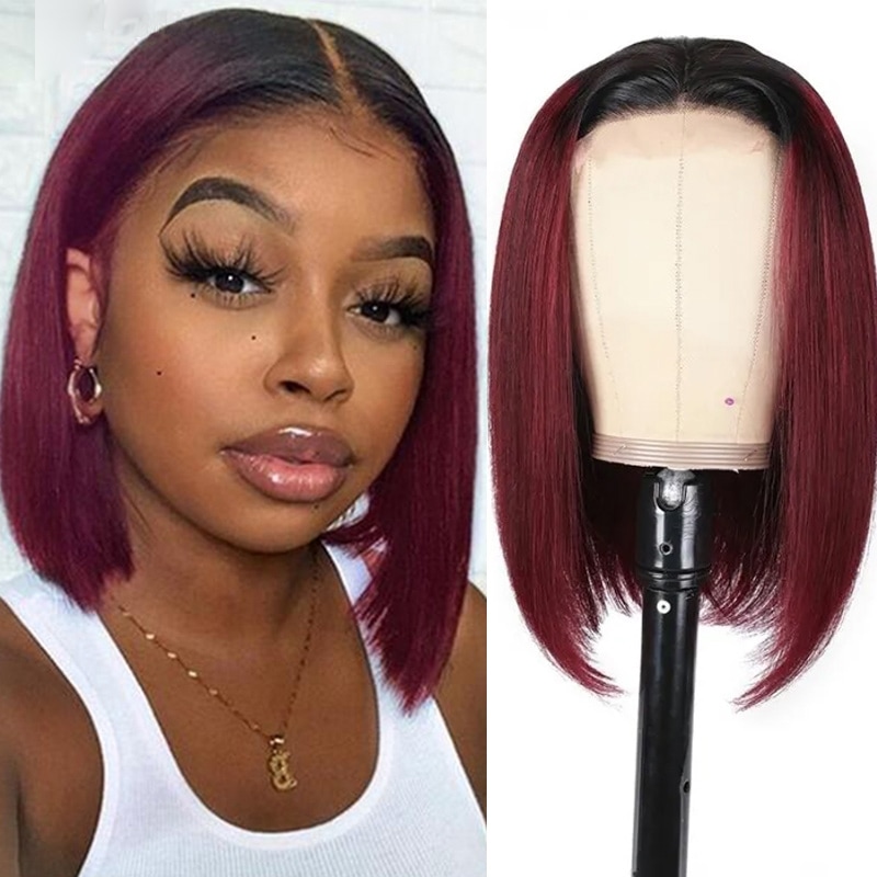 UNice Short Straight Ombre 99J Bob Wig 4x4 Lace Closure Wig 2 Tones 1b ...